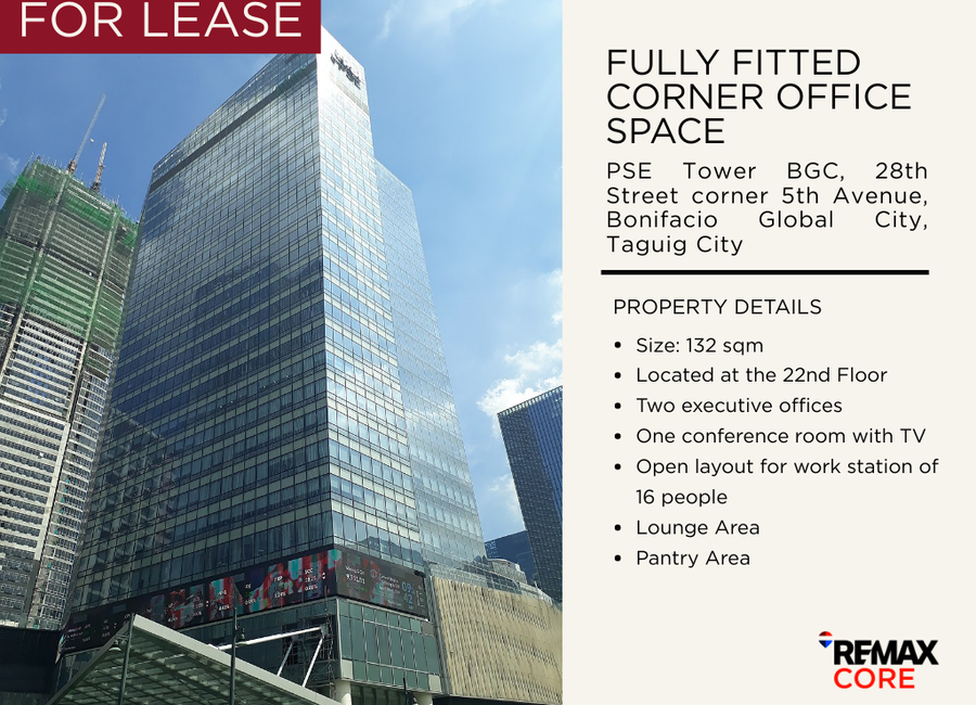 FOR LEASE: Fully fitted Corner PSE Tower BGC Office Space